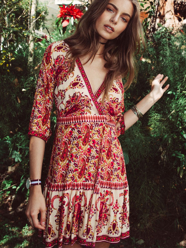 Boho V Neck Half Sleeve Ethnic Dresses - TD Mercado