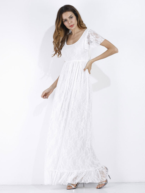 Lace Long Dress White Women Short Sleeve Ruffle Boho Maxi Dress - TD ...