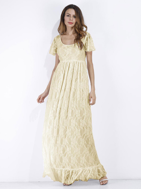 Lace Long Dress White Women Short Sleeve Ruffle Boho Maxi Dress - TD ...