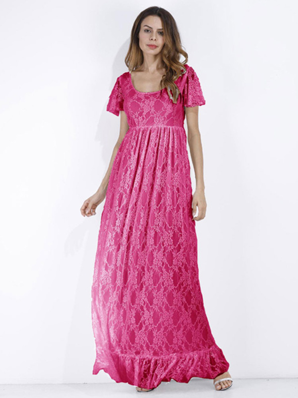 Lace Long Dress White Women Short Sleeve Ruffle Boho Maxi Dress - TD ...