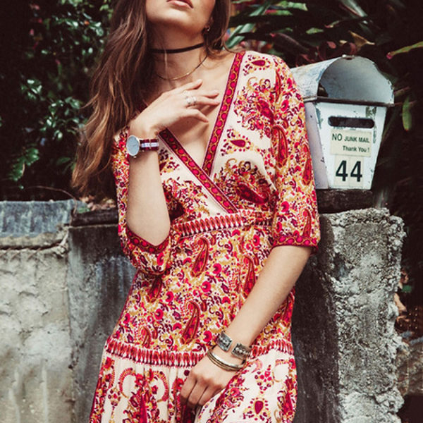 Boho V Neck Half Sleeve Ethnic Dresses - TD Mercado
