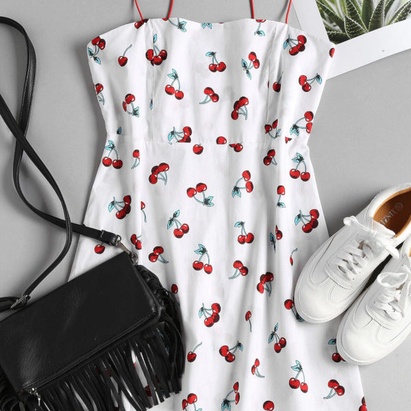 Cherry Print Apron Cami Sundress - White S - TD Mercado