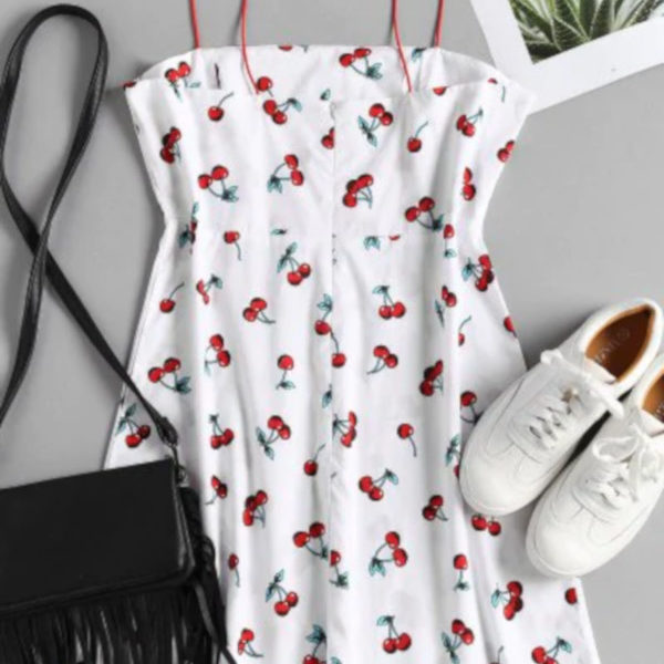 Cherry Print Apron Cami Sundress - White S - TD Mercado