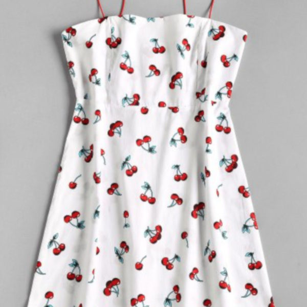 Cherry Print Apron Cami Sundress - White S - TD Mercado