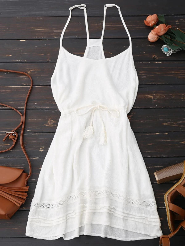 Spaghetti Straps Drawstring Waist Summer Dress - White S - TD Mercado