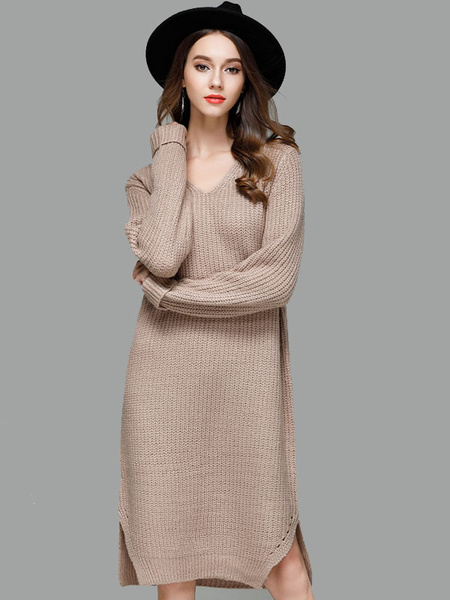 Women Sweater Dress Light Brown V Neck Long Sleeve Shift Dress Cotton