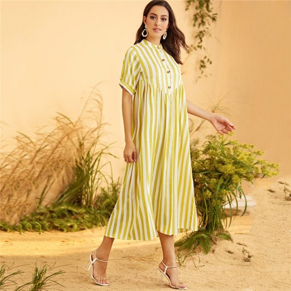 Striped Button Up Half Placket Maxi Modest Dress - TD Mercado