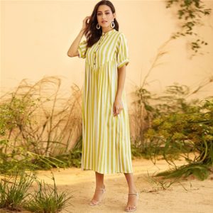 Striped Button Up Half Placket Maxi Modest Dress - TD Mercado