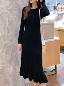 Charming Ruffles Jewel Neck Long Sleeves Knitted Dress - TD Mercado