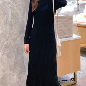 Charming Ruffles Jewel Neck Long Sleeves Knitted Dress - TD Mercado