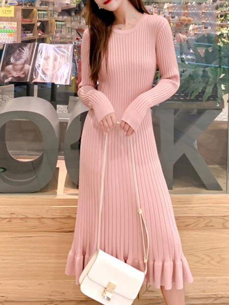 Charming Ruffles Jewel Neck Long Sleeves Knitted Dress - TD Mercado