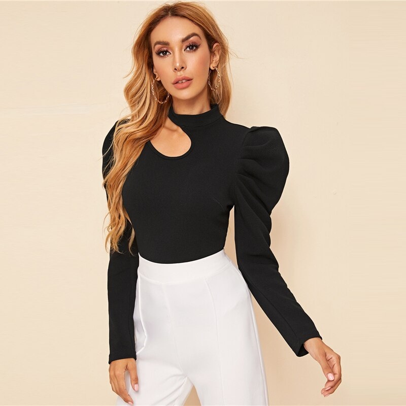 Leg-Of-Mutton Sleeve Button Back Stand Collar Cut Out Elegant Blouse ...