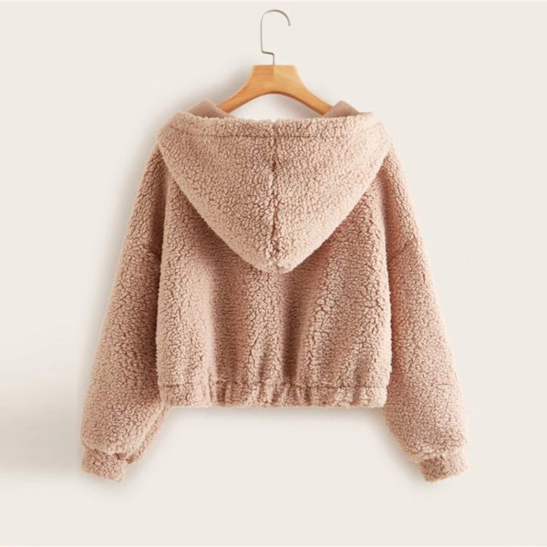 Solid Drop Shoulder V Neck Cropped Casual Hooded Teddy Sweatshirt - TD ...