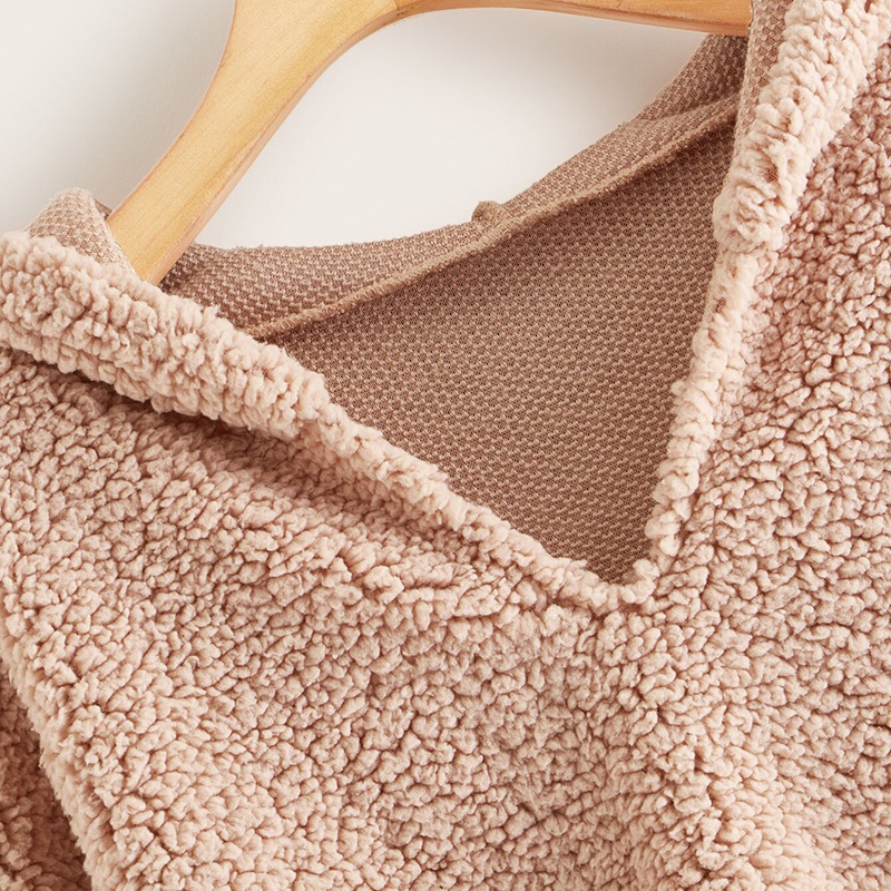 Solid Drop Shoulder V Neck Cropped Casual Hooded Teddy Sweatshirt - TD ...