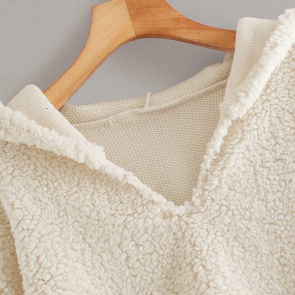 Solid Drop Shoulder V Neck Cropped Casual Hooded Teddy Sweatshirt - TD ...