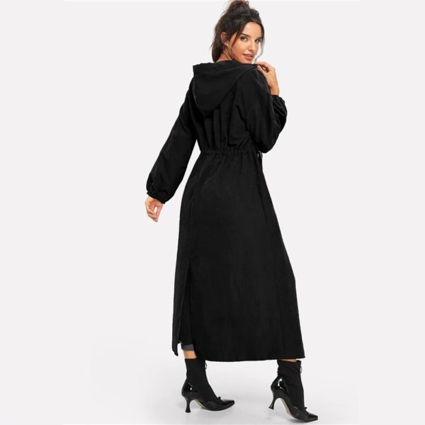 Bishop Sleeve Drawstring Button Split Back Long Hooded Jackets - TD Mercado