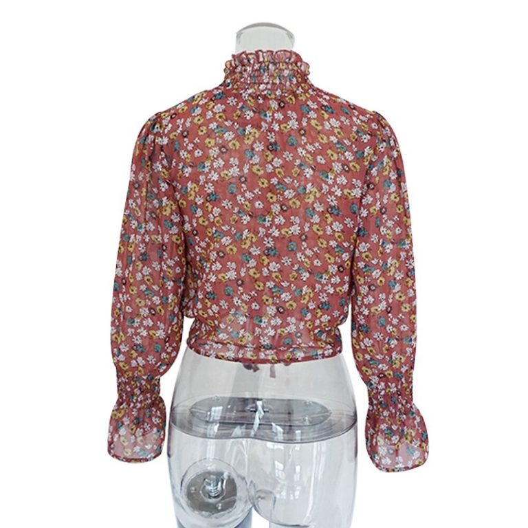 Floral Print Turtleneck Transparent Chiffon Blouse - TD Mercado