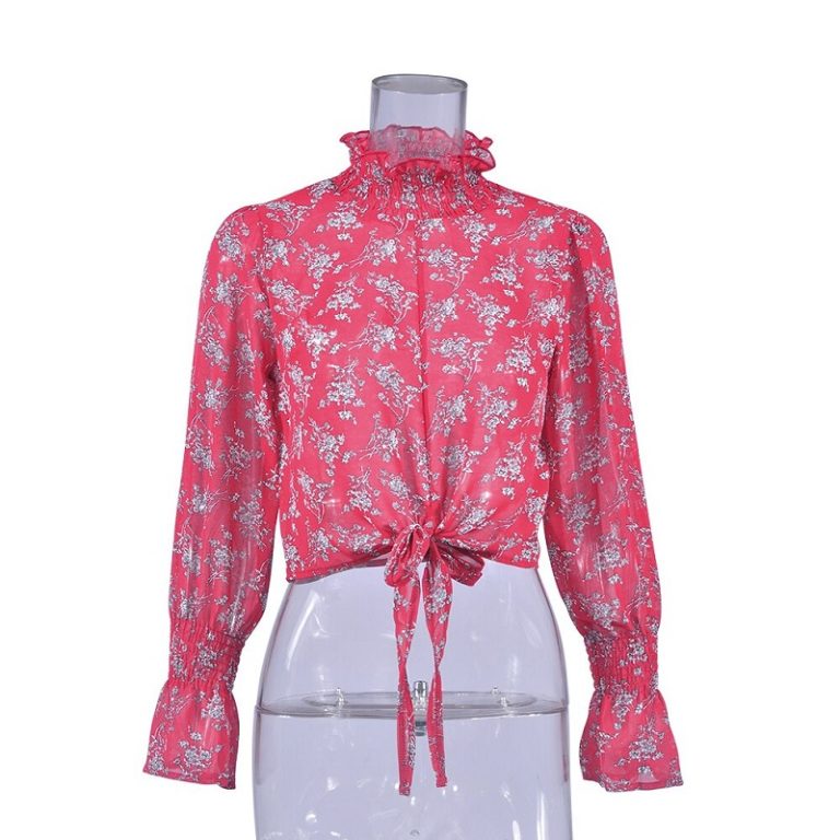 Floral Print Turtleneck Transparent Chiffon Blouse - TD Mercado