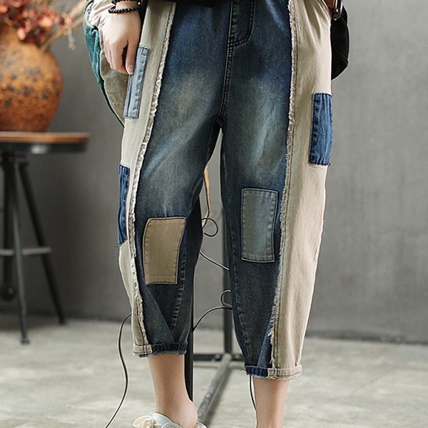 Contrast Color Patchwork Patch Casual Jeans - TD Mercado