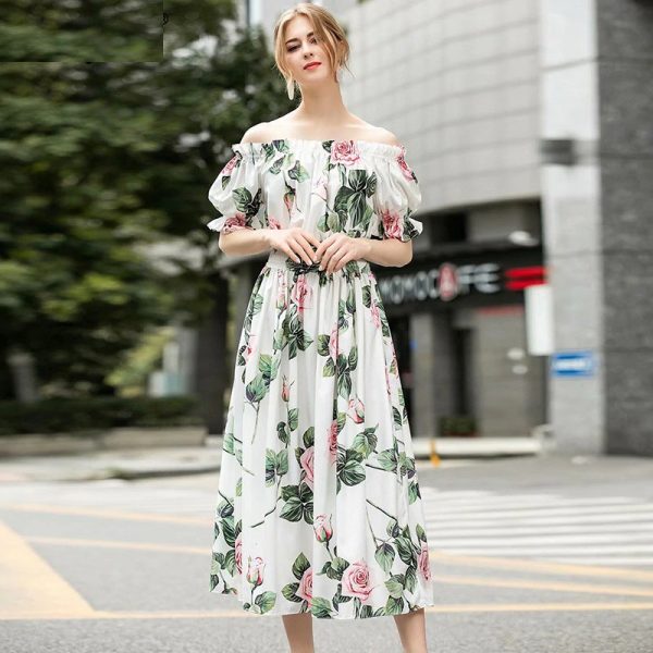 Sexy Off Shoulder Elastic Waist Rose Flower Print Bohemian Dress - TD ...
