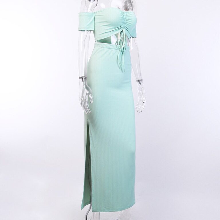 Sexy Outfits Slash Neck Crop Tops Side Slit Solid Long Dress - TD Mercado