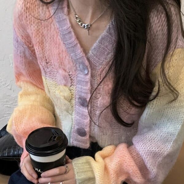 Short Rainbow Gradient Long-Sleeved Knit Sweater - TD Mercado