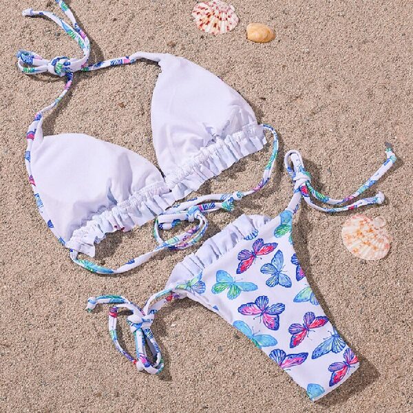 Butterfly Print Frill Trim Tie Halter Micro Bikinis Swimwear Td Mercado