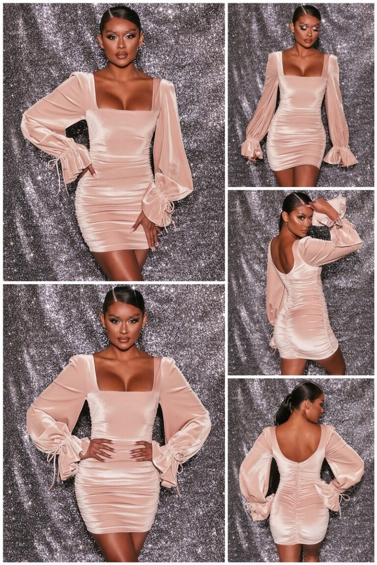 Long Drawstring Sleeve Pleated Ruched Elegant Dress - TD Mercado