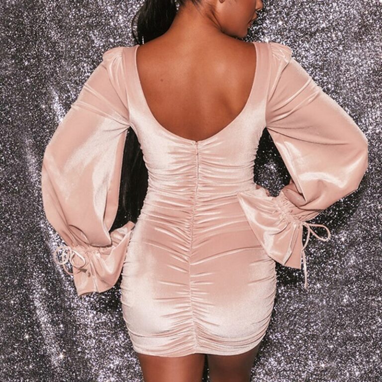 Long Drawstring Sleeve Pleated Ruched Elegant Dress - TD Mercado