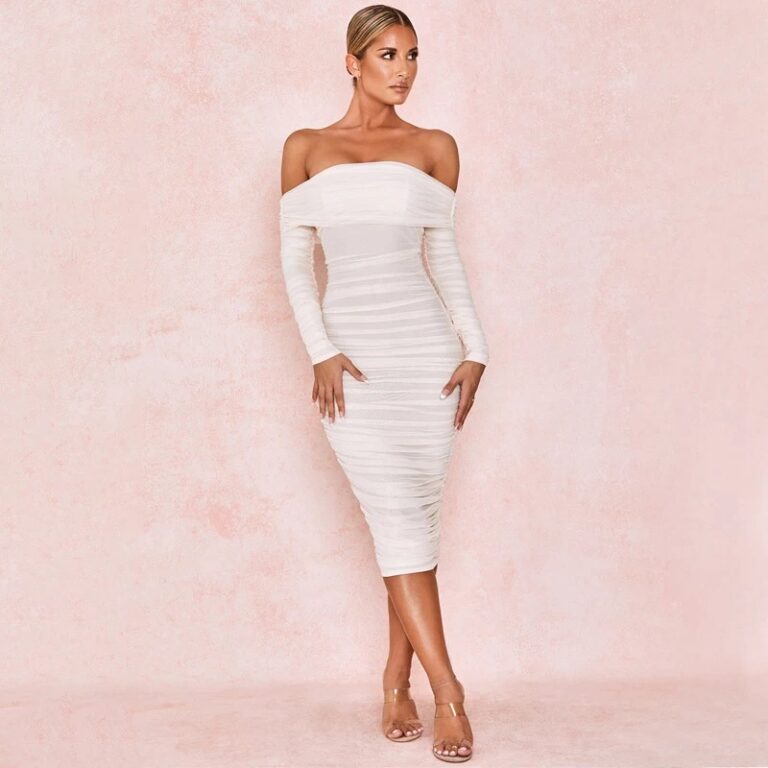Off Shoulder Elegant Ruched Bodycon Midi Party Dresses - TD Mercado