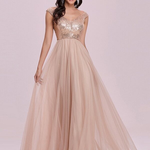 Flesh A-Line Backless Sequined Tulle Floor-Length Evening Dress - TD ...