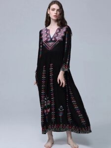 Embroidery V Neck Long Sleeve Beach Casual Maxi Dress – TD Mercado