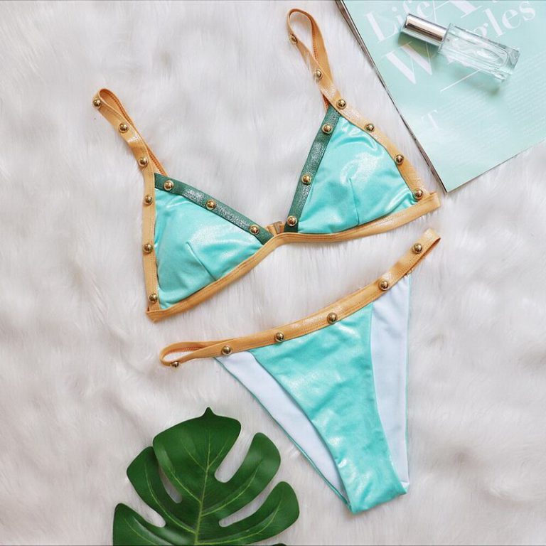 Push Up Patchwork Triangle Studs Swimwear Bikinis Set Bathing Suit - TD ...